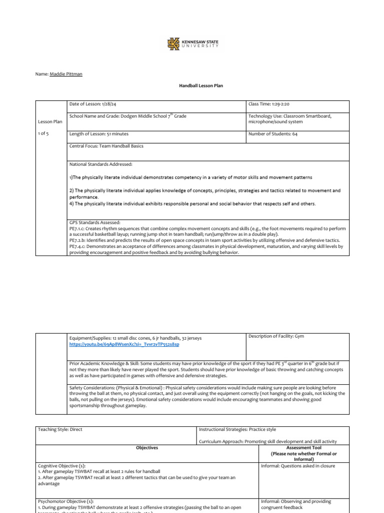 team handball lesson plans | PDF | Lesson Plan | Physical Education