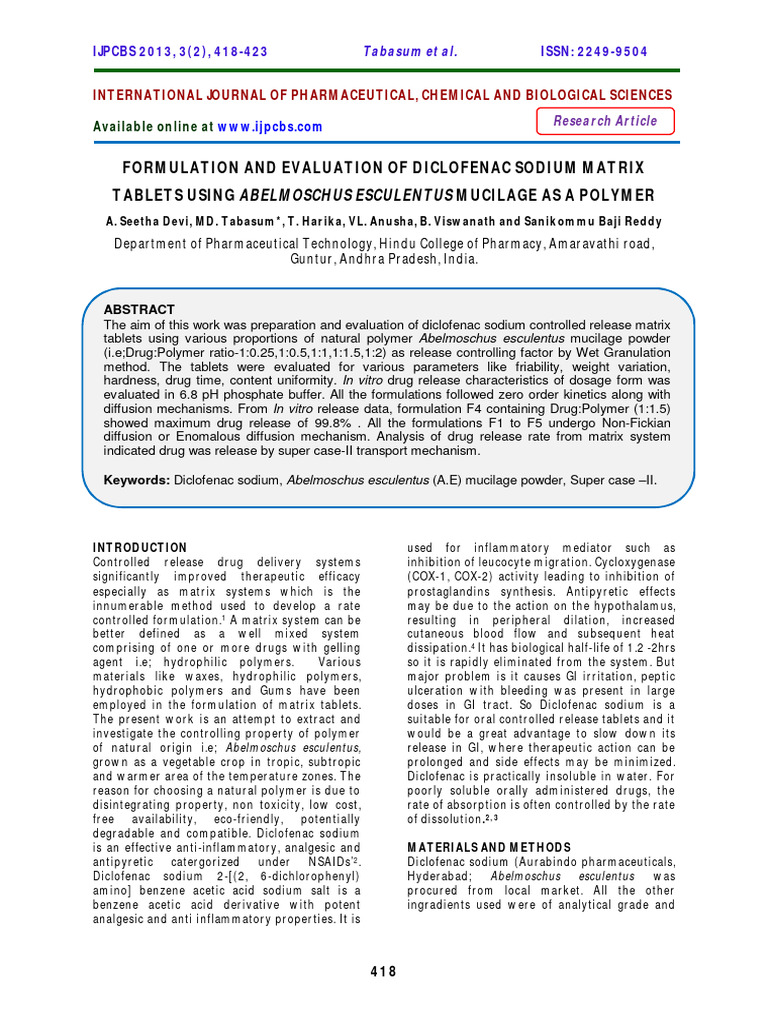 Formulation And Evaluation Of Diclofenac Sodium Matrix Tablets Using Abelmoschus