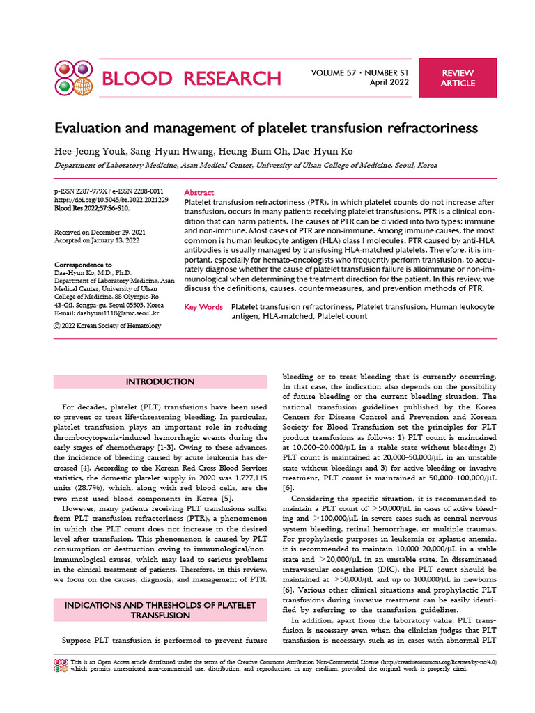 Evaluation and Management of Platelet Transfusion Refractoriness | PDF ...
