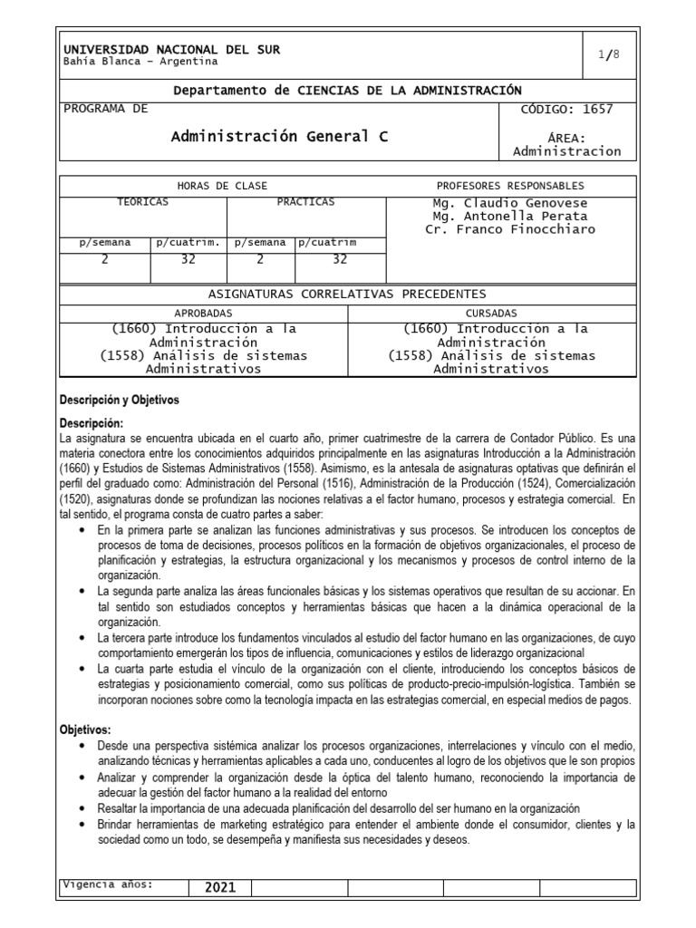 Programa Administración General C | Descargar gratis PDF | Planificación | Marketing