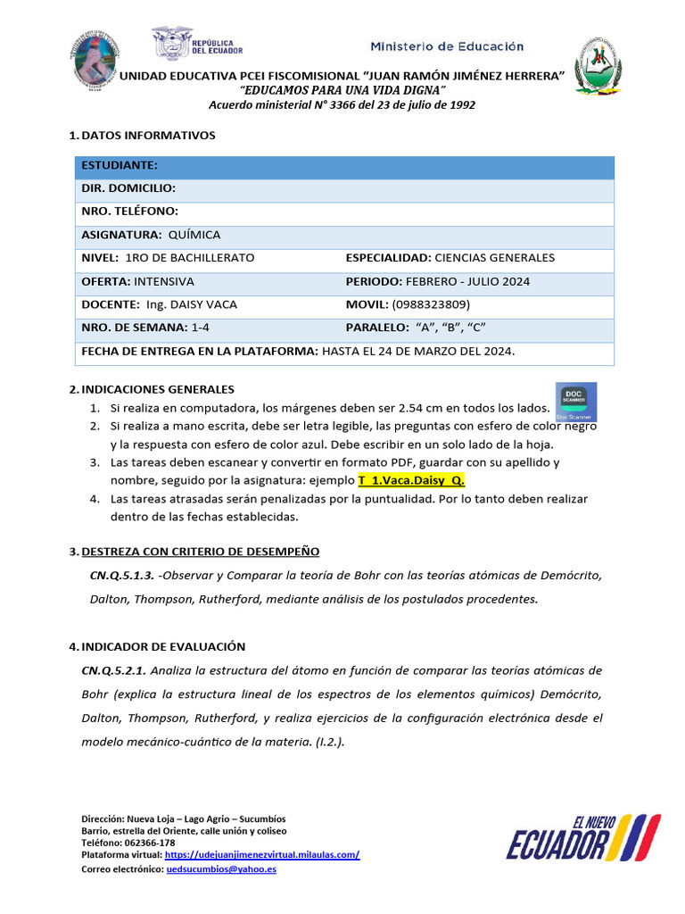 Tarea 1 Quimica 1ro Bgu Pdf átomos Física Teórica