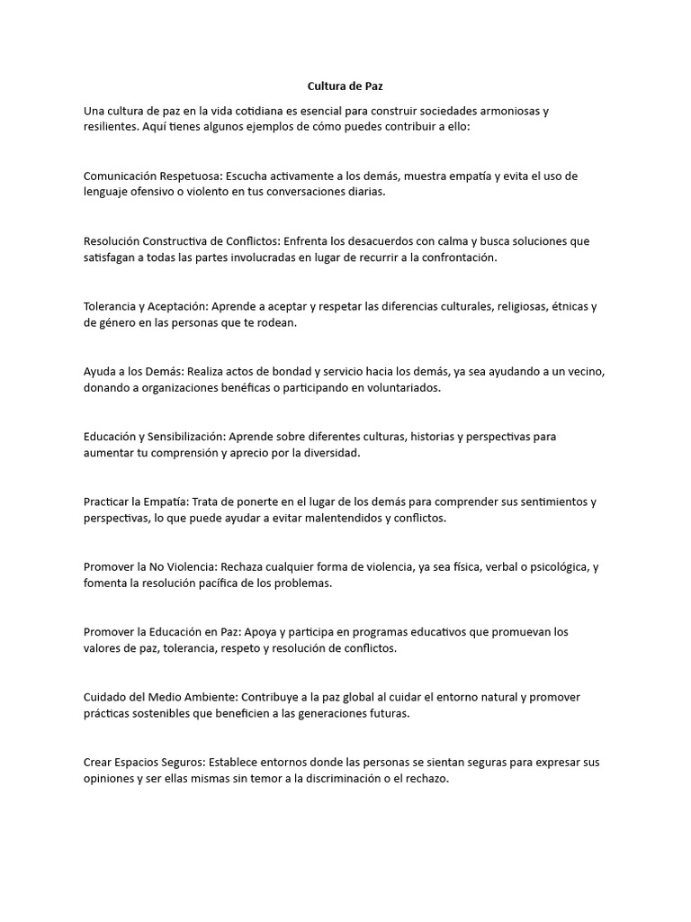 Cultura De Paz Pdf Paz Tolerancia