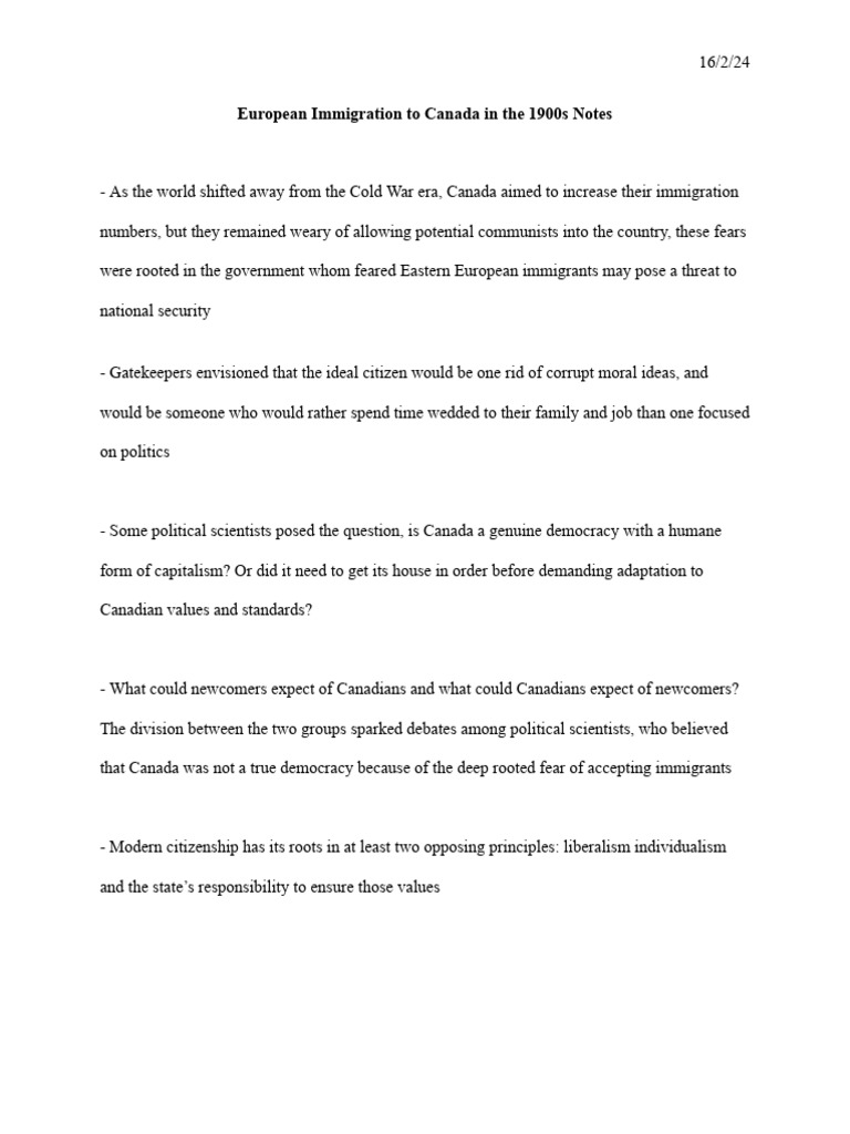 European Immigration To Canada in The 1900s Notes | PDF | Immigration ...