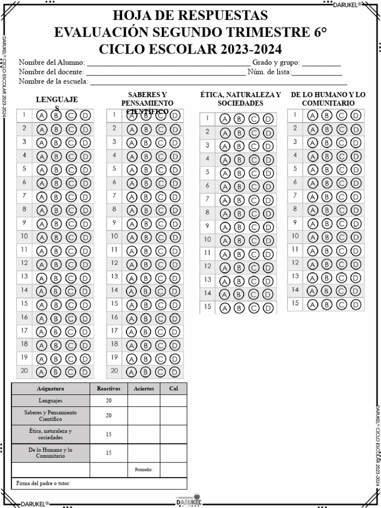 6° Trim2 Editable Hoja de Respuestas Darukel 2023-2024 | PDF