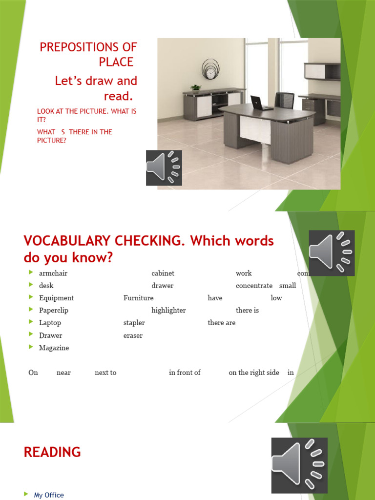 Prepositions of Place. Reading Comprehension Activity. | PDF | Desk | Chair