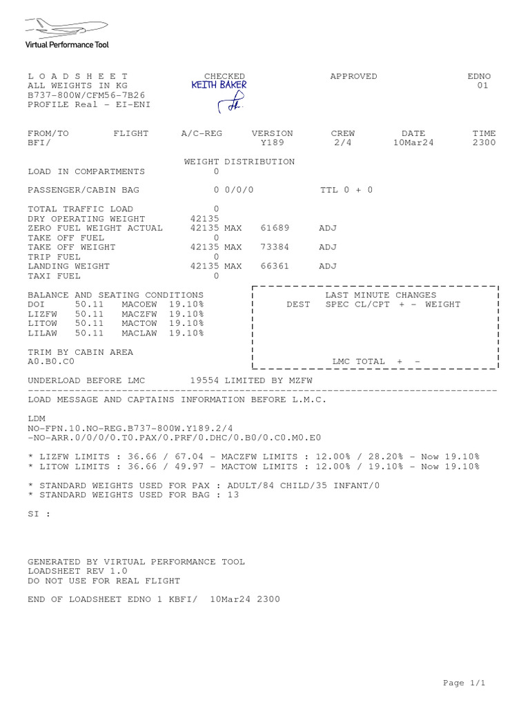 B737-800W Load Sheet for 10Mar24 | PDF