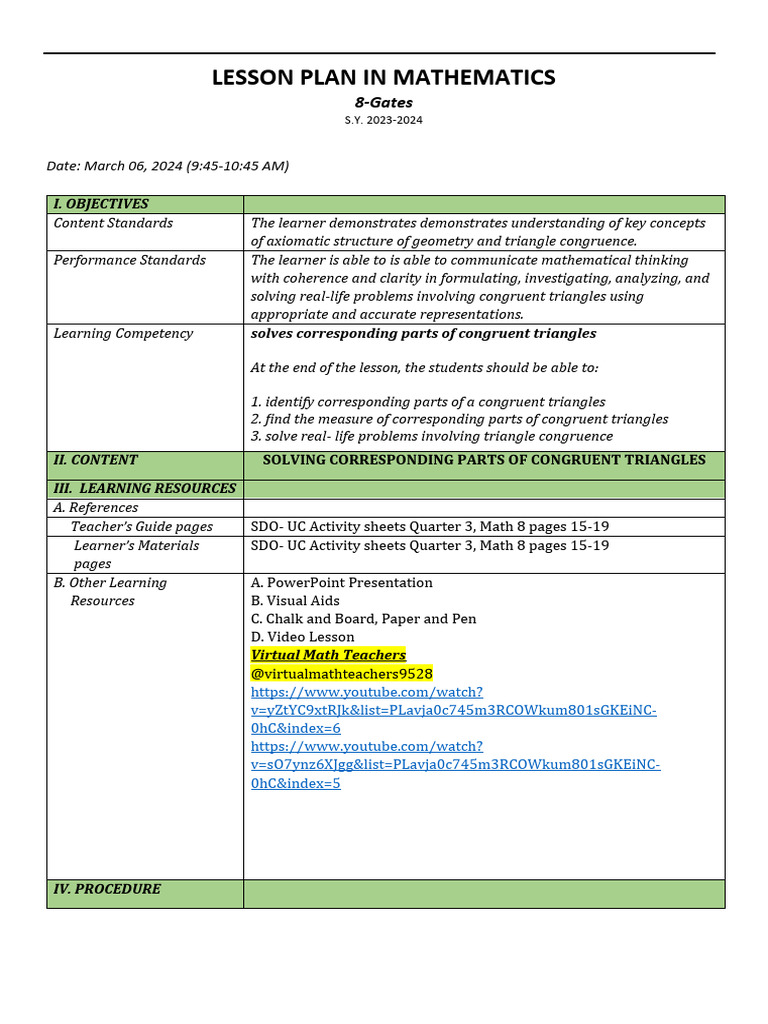 23-24 COT3 LP Math8 | PDF | Triangle | Mathematics