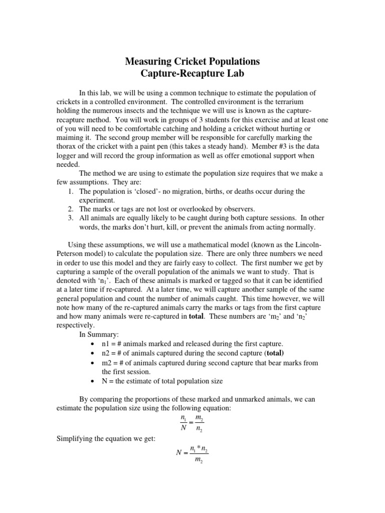 Cricket Population Estimation Lab | PDF | Scientific Method | Applied ...