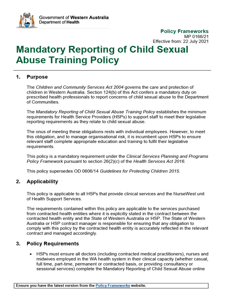 Mandatory Reporting of Child Sexual Abuse Training Policy | PDF | Nursing | Midwife