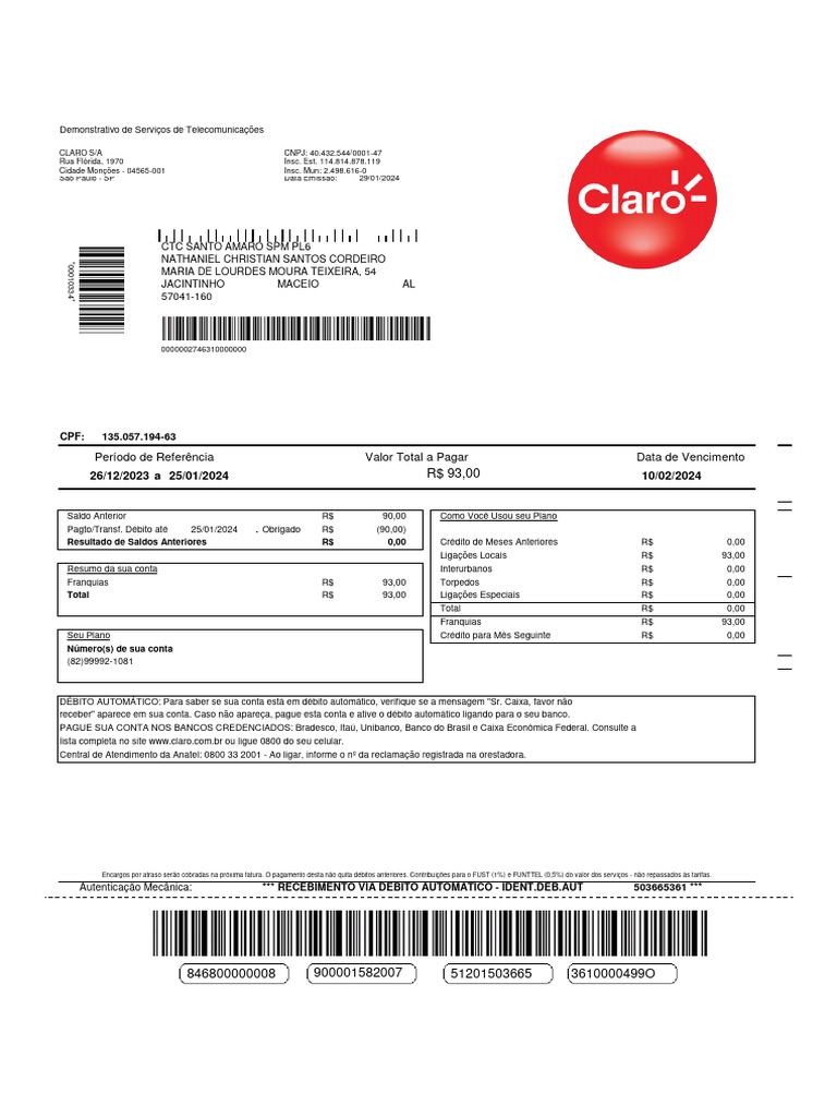 Fatura Claro | PDF | Bancos | Brasil