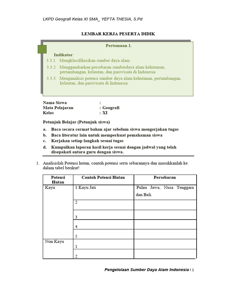 Lkpd Geografi Kelas Xi Sma Lembar Kerja | PDF