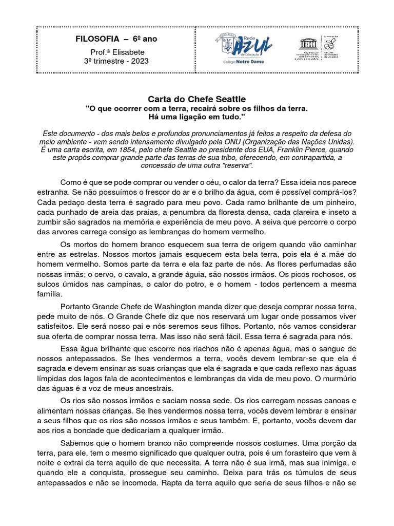 Texto Carta Cacique Seattle | PDF | Terra | Vermelho