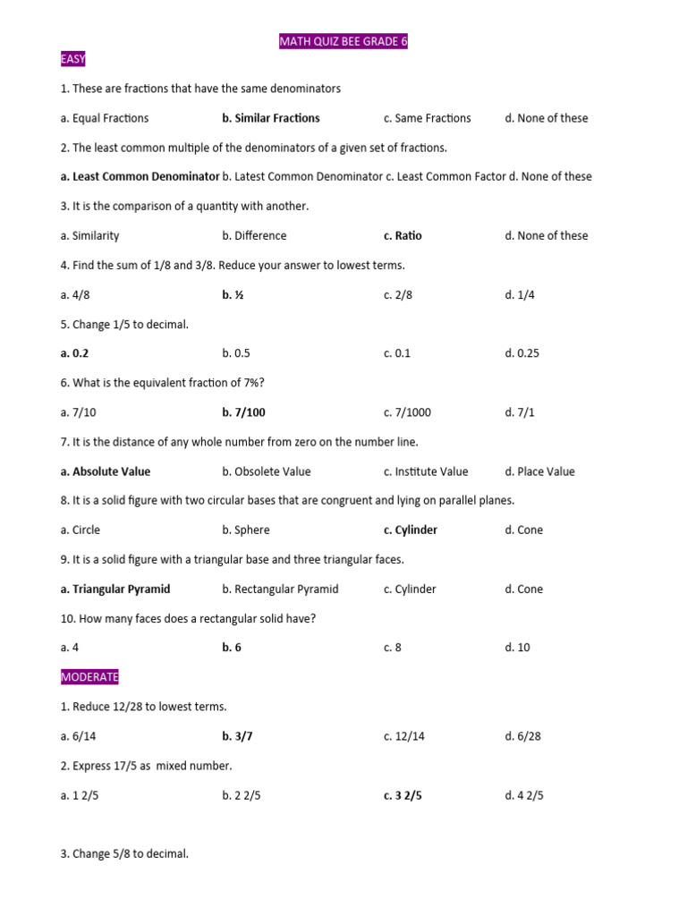 Math Quiz Bee Grade 6 | PDF | Odds | Mathematics