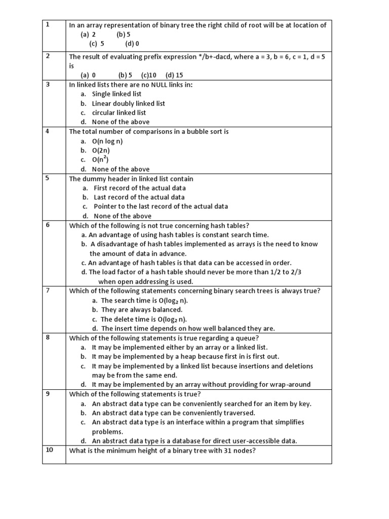 Quiz Questions Pdf Array Data Structure Algorithms