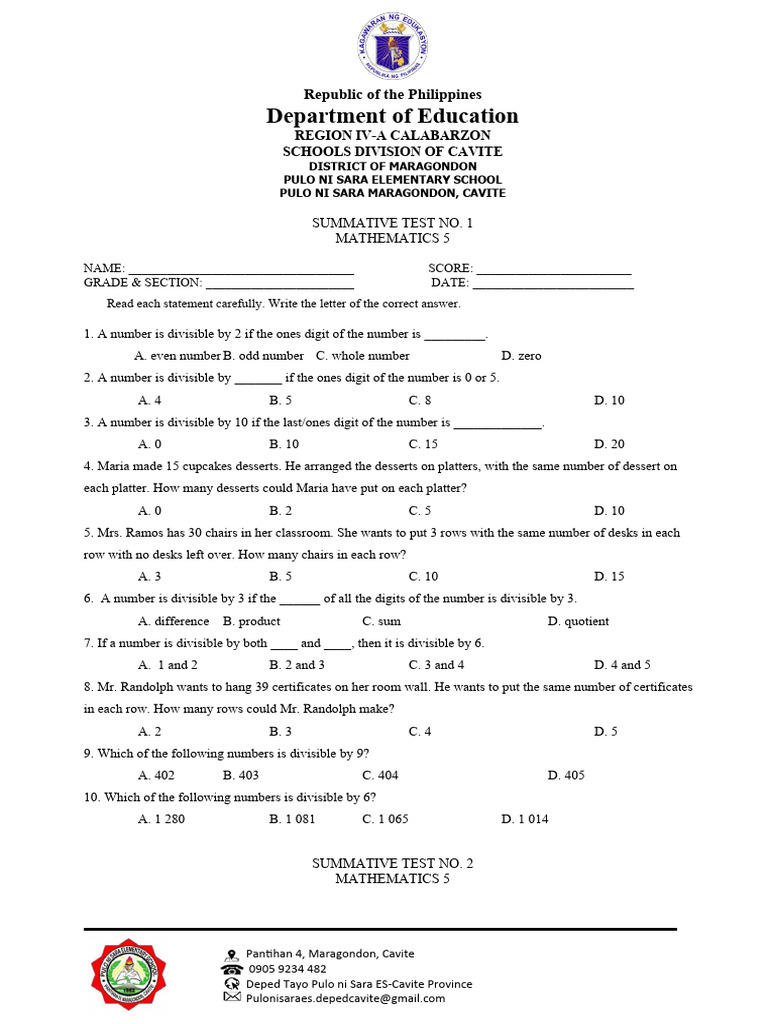 Grade 5 Math Summative Assessments | PDF | Elementary Mathematics | Arithmetic