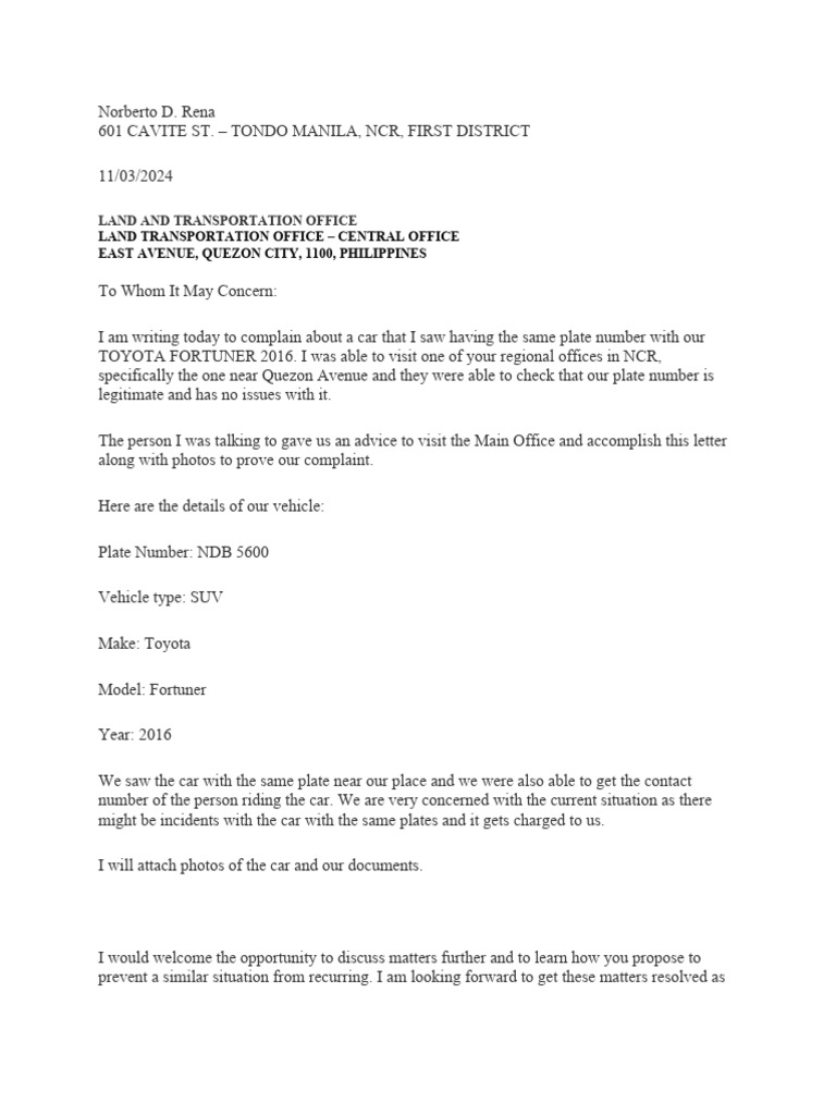 LTO Letter Complaint | PDF