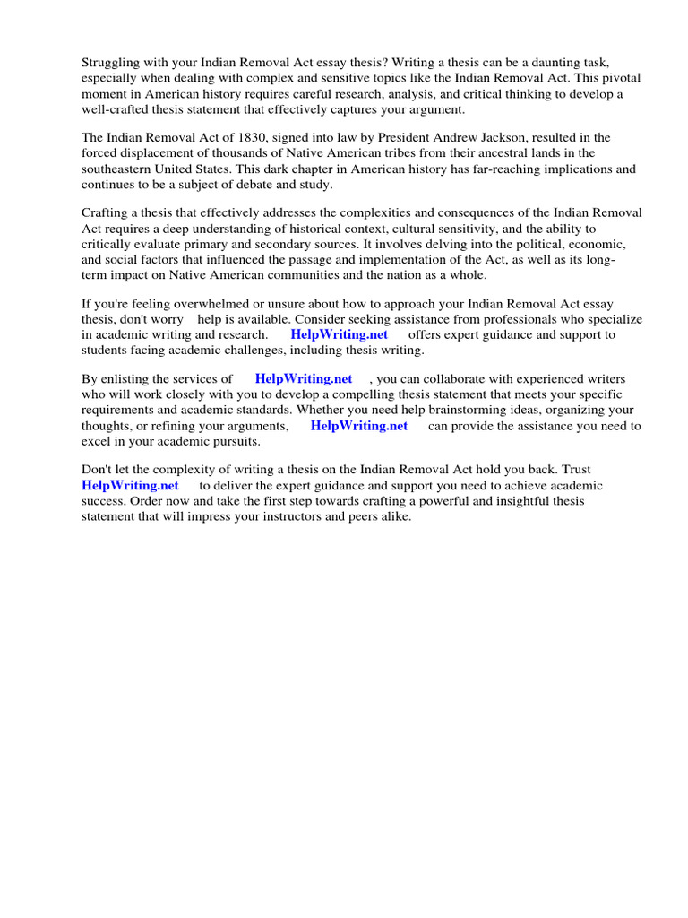 Indian Removal Act Essay Thesis | PDF | Trail Of Tears | Cherokee