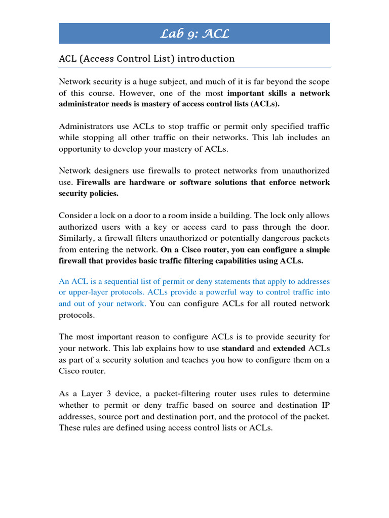 Lab9 ACL | PDF | Internet Protocols | Router (Computing)