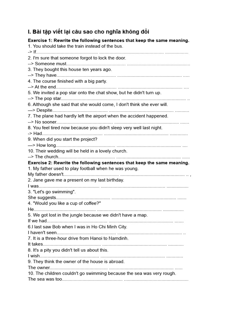 200 Bai Tap Viet Lai Cau Tieng Anh Co Dap An Chi Tiet | PDF