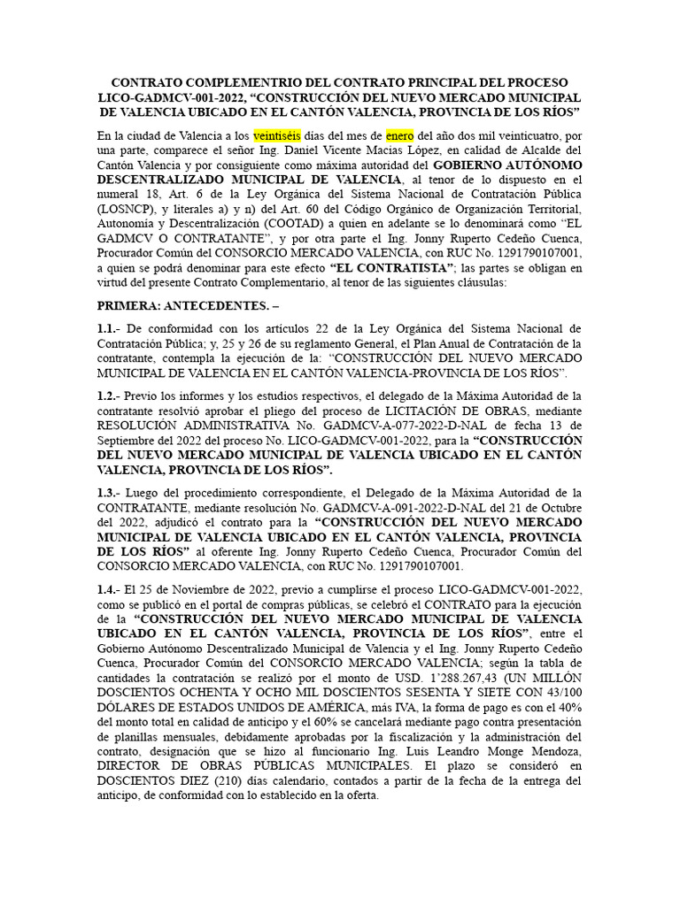 Contrato Complementrio Del Contrato Principal Del Proceso Lico | PDF | Alcalde | Derecho civil ...