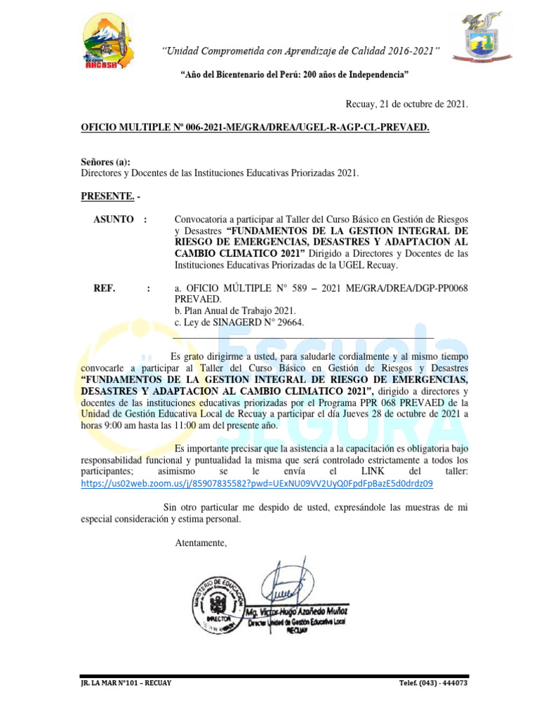 Oficio M. Taller Curso de GRD Prevaed 2021.. | PDF