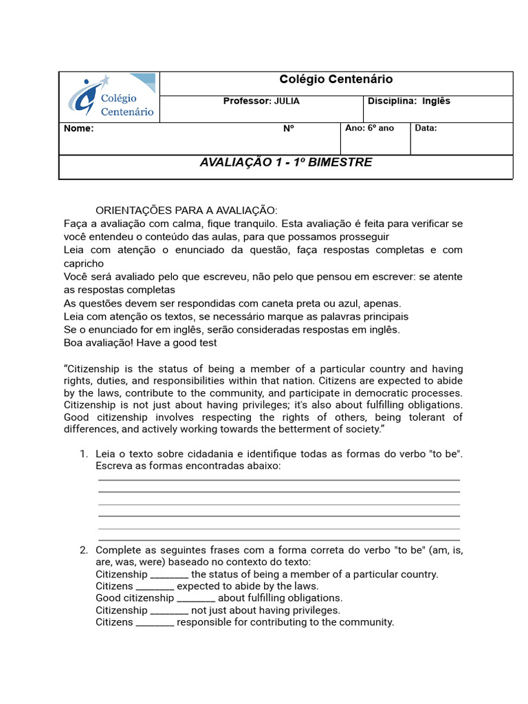 1º Bim Av1 6º Ano | PDF