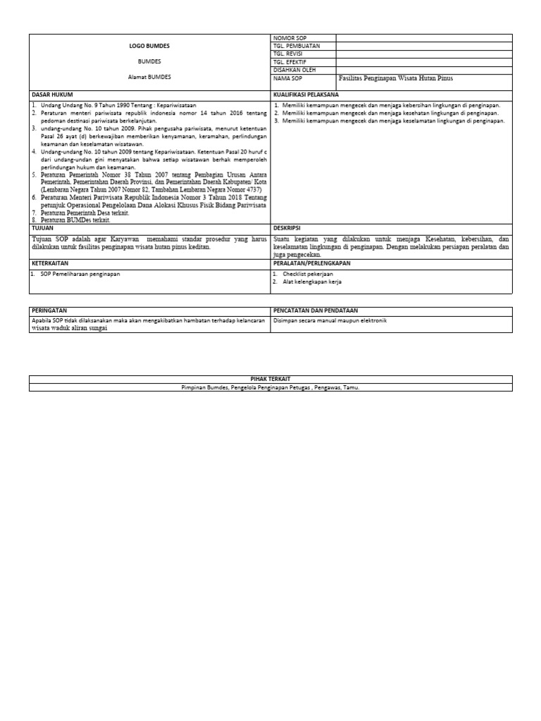 SOP 2 Desa Keditan Fasilitas Penginapan Di Wisata Hutan Pinus | PDF