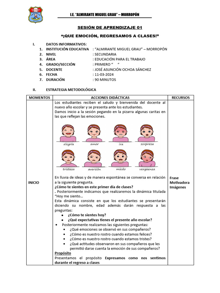 Sesion de Aprendizaje 01 Primer Dia de Clases | PDF