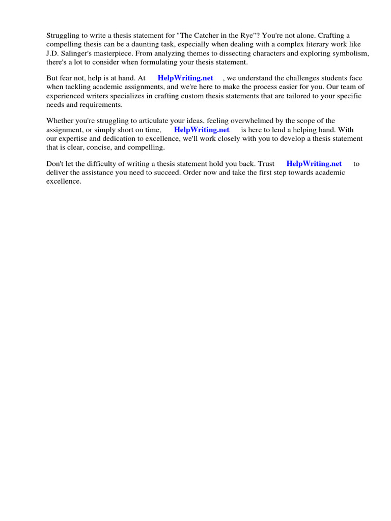 Example Thesis Statement For Catcher in The Rye | PDF