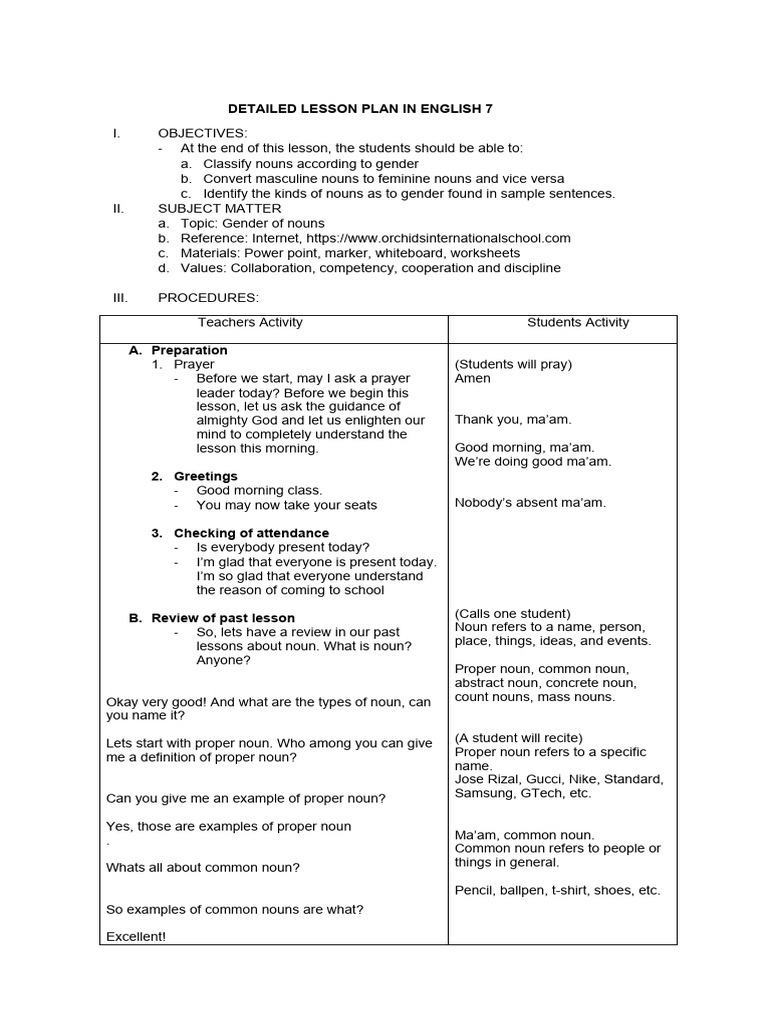 Detailed LESSON PLAN Nouns | PDF | Grammatical Gender | Linguistic ...