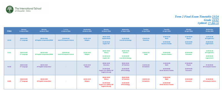 Term 2 Final Exam Timetable 23/24 Grade 11/12: Updated: 27-Jan-24 | PDF ...
