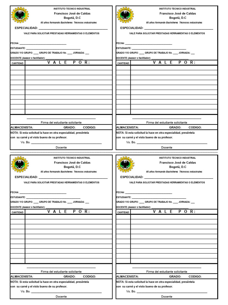 Formato de VALE Aprobado Por CD Versión 2023 | PDF