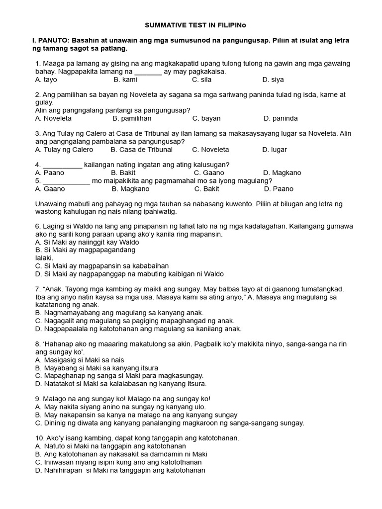 Summative Test Filipino 2 | PDF