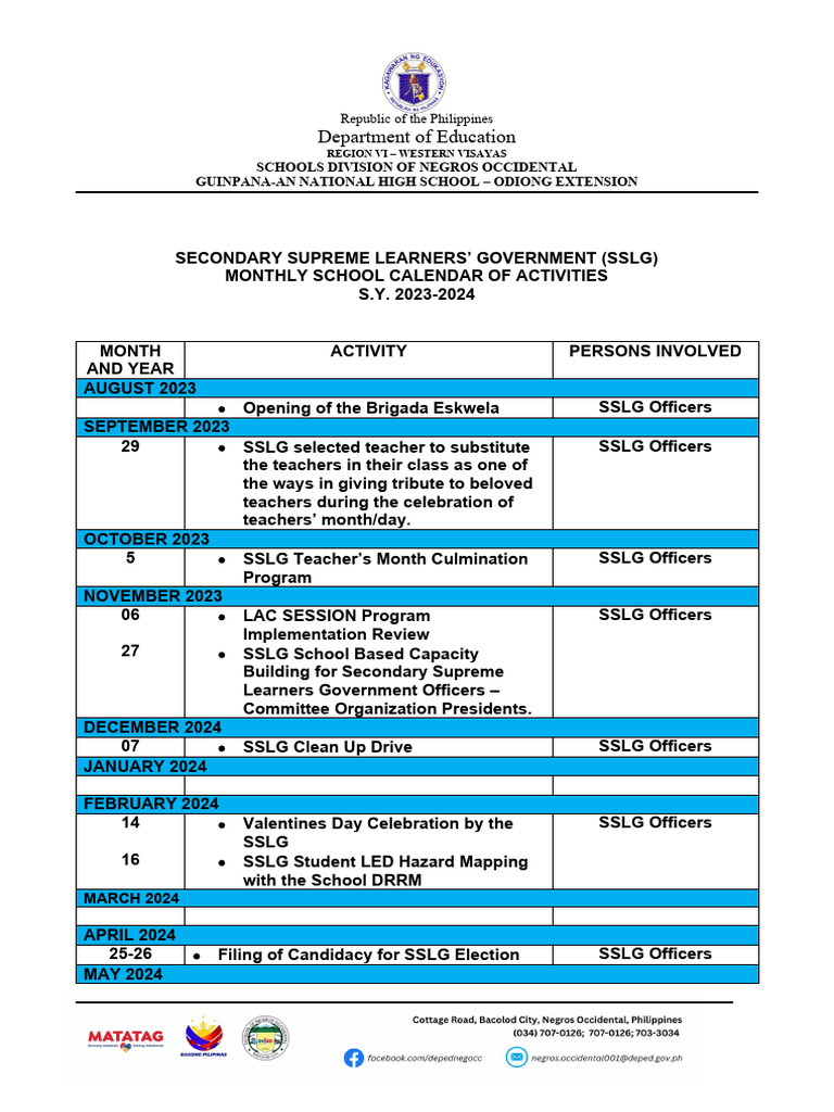 SSLG Calendar of Activities | Download Free PDF | Government
