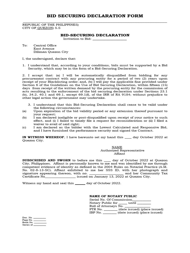 Bid Securing Declaration | PDF | Affidavit | Notary Public