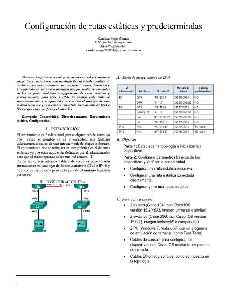Informe Rutas Estaticas Ipv4, Ipv6 | PDF | Enrutador (Computación) | Yo Pv6