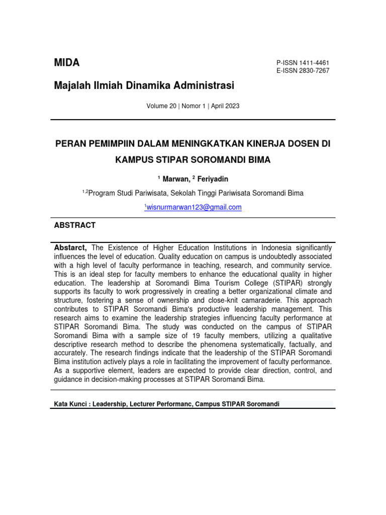 Peran Pemimpin Dalam Meningkatkan Kinerja Dosen Di Kampus STIPAR ...