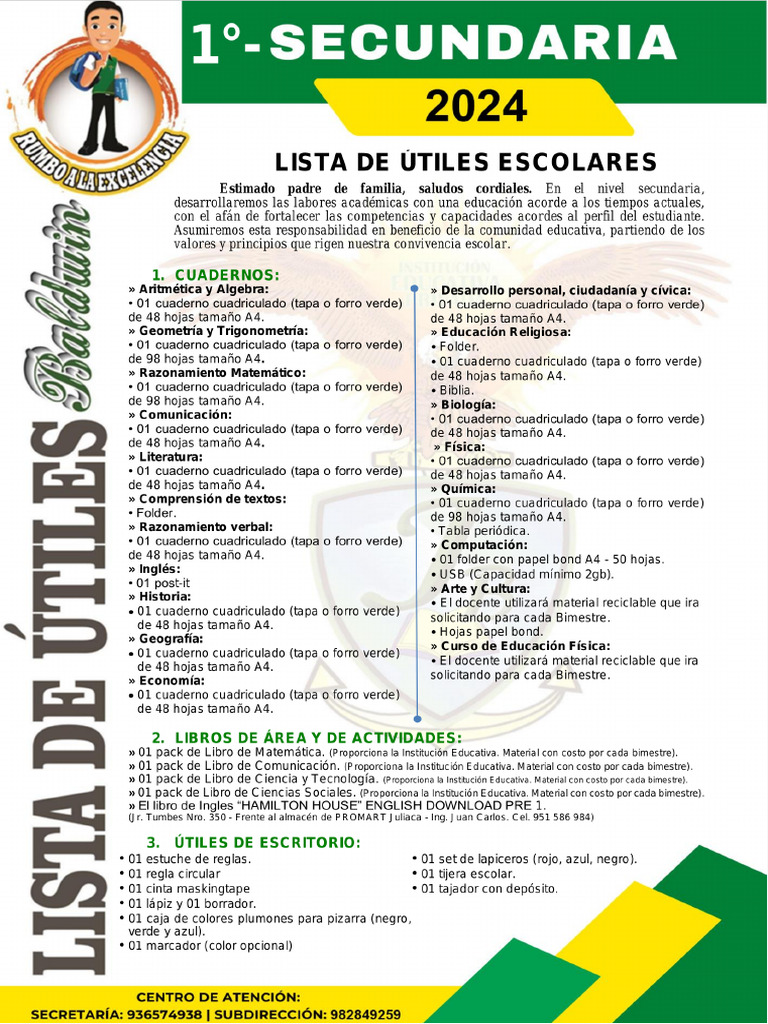 2024 Lista de Utiles Sec 1 | PDF