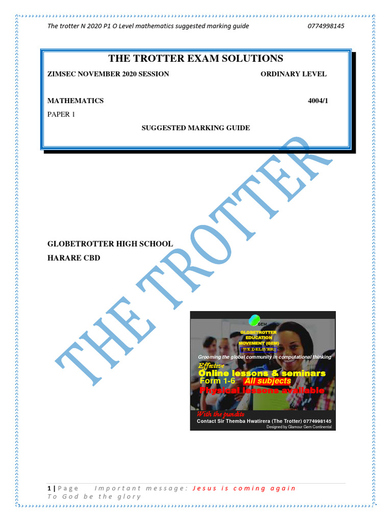 N 2020 P1 Mathematics O Level Suggested Marking Guide by Trotter | Download Free PDF | Angle ...