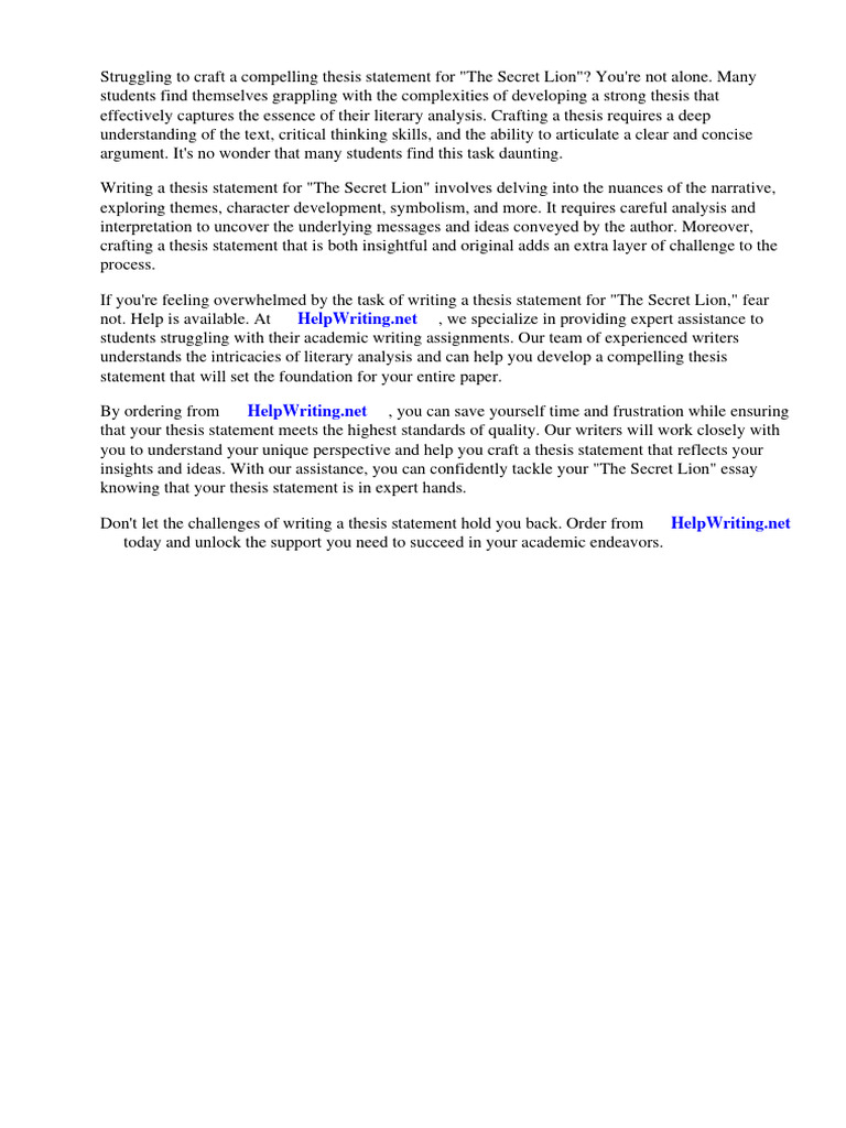 Thesis Statement For The Secret Lion Pdf Lion House Of Tudor