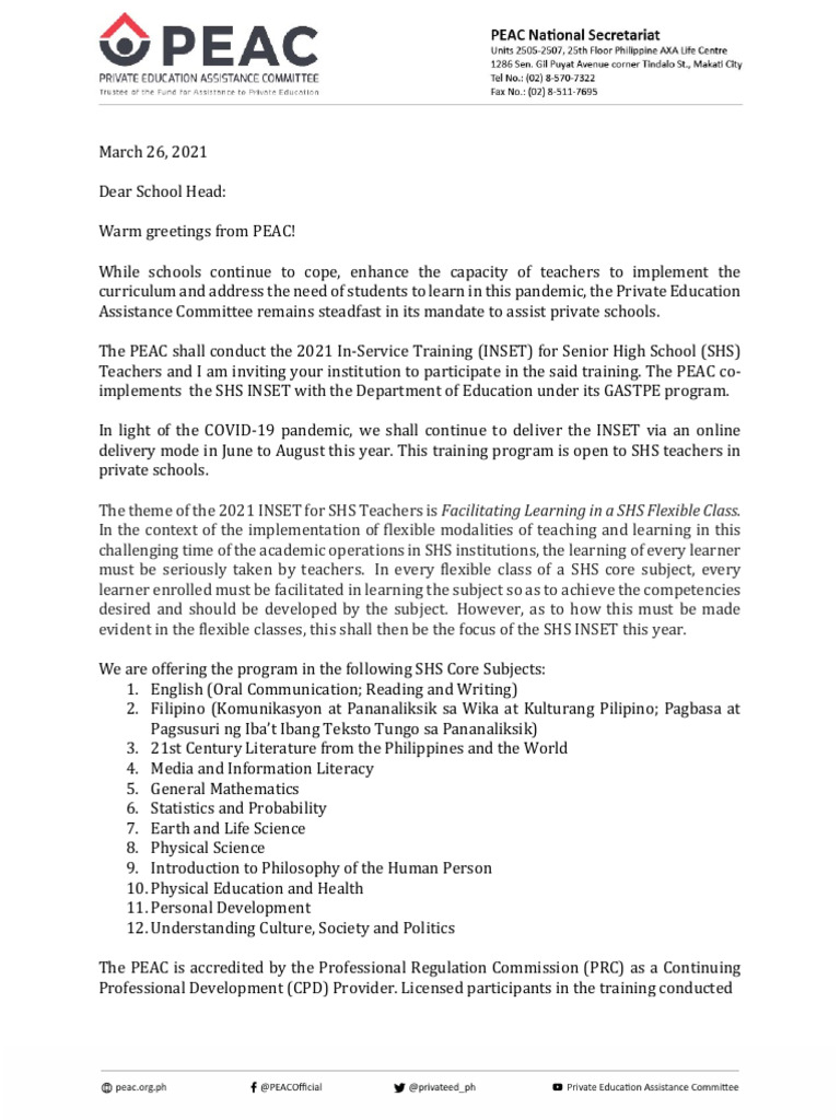 PEAC Letter To School Heads - 2021 SHS INSET | PDF