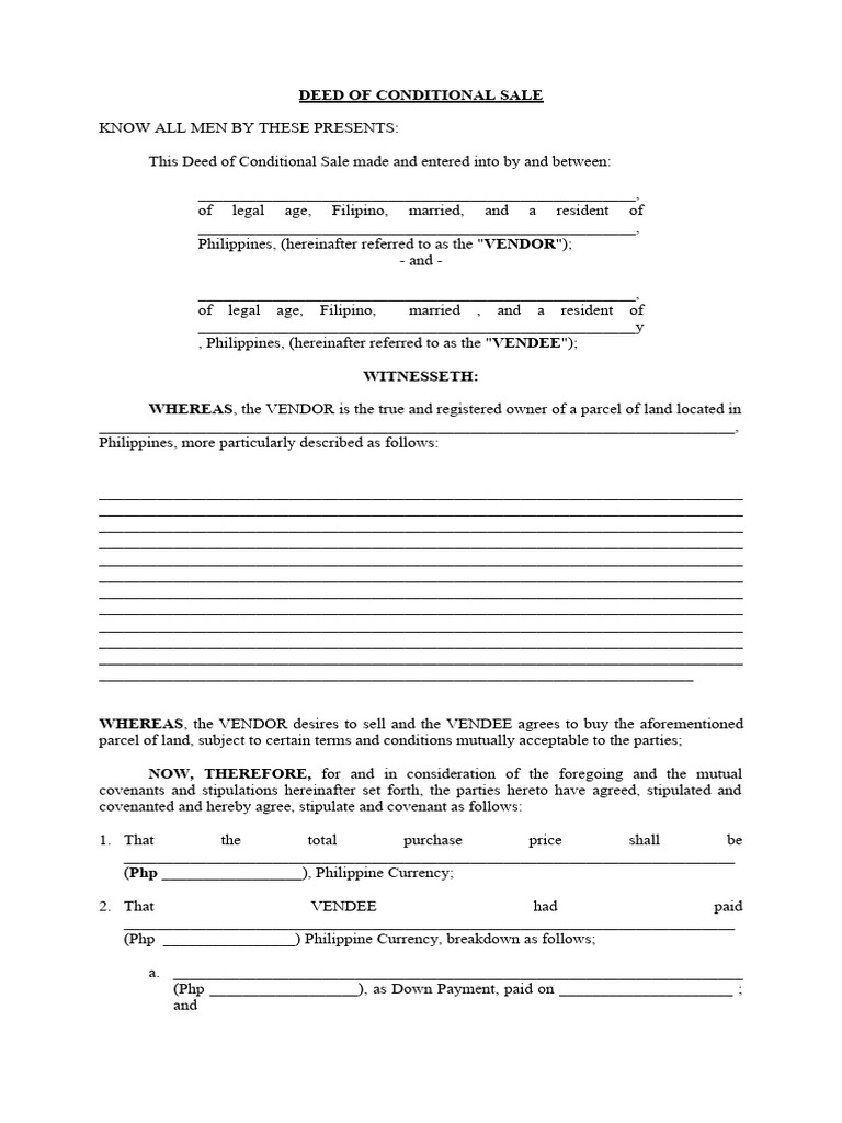 Deed of Conditional Sale Blank | PDF | Civil Law (Legal System ...
