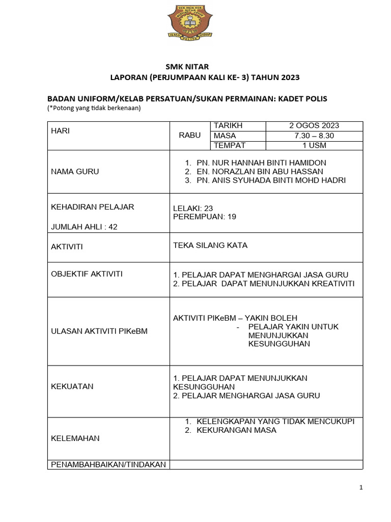 Laporan Perjumpaan 3 Kadet Polis 2 Ogos 2023 | PDF