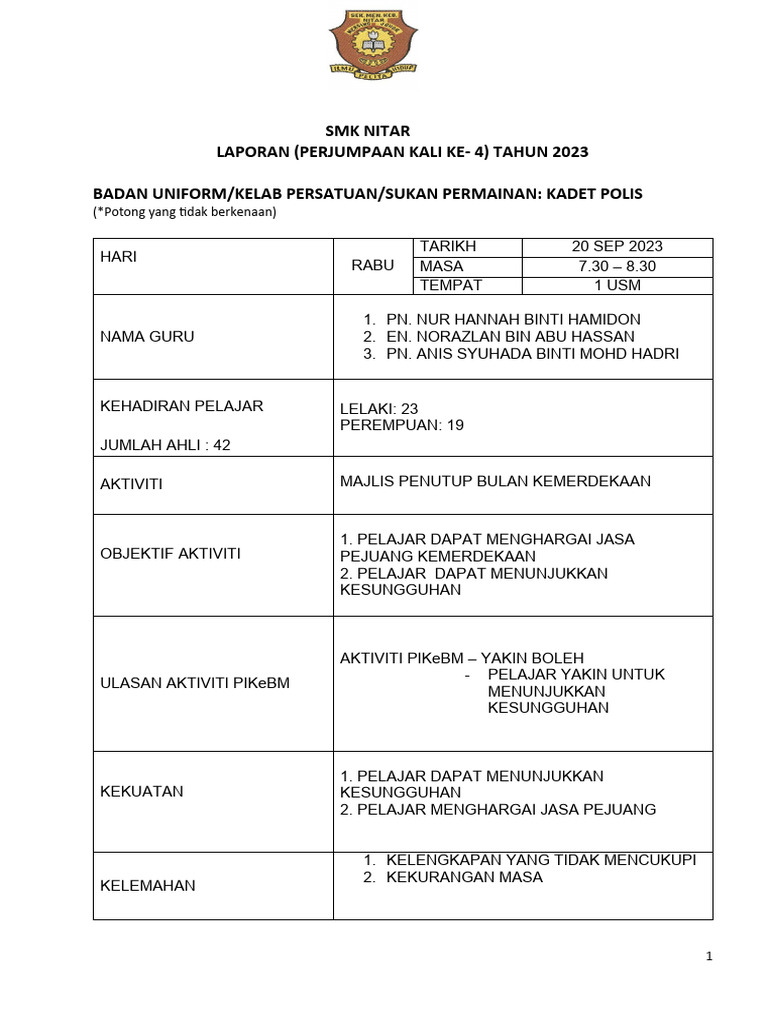 Laporan Perjumpaan 4 Kadet Polis 20 Sep 2023 | PDF