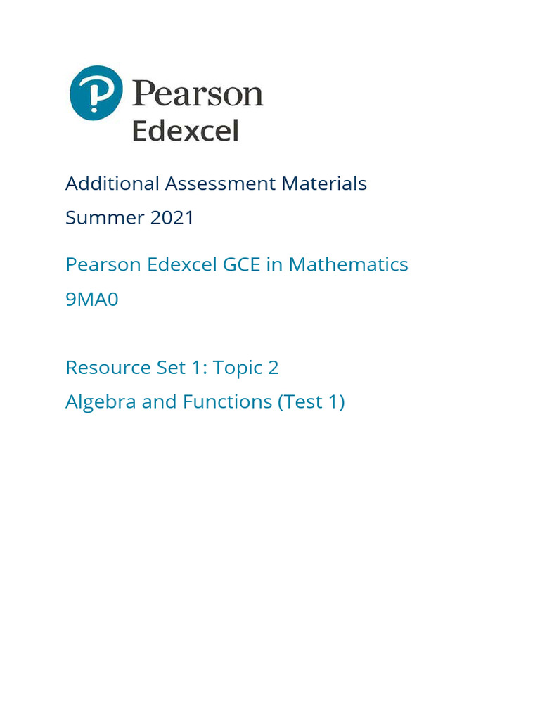 9MA0 Pure Topic 2 Algebra and Functions Test 1 Questions | PDF ...