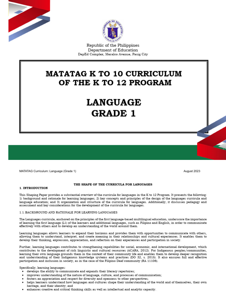 Grade 1 Matatag Language Curriculum Guide | PDF | Curriculum | Literacy