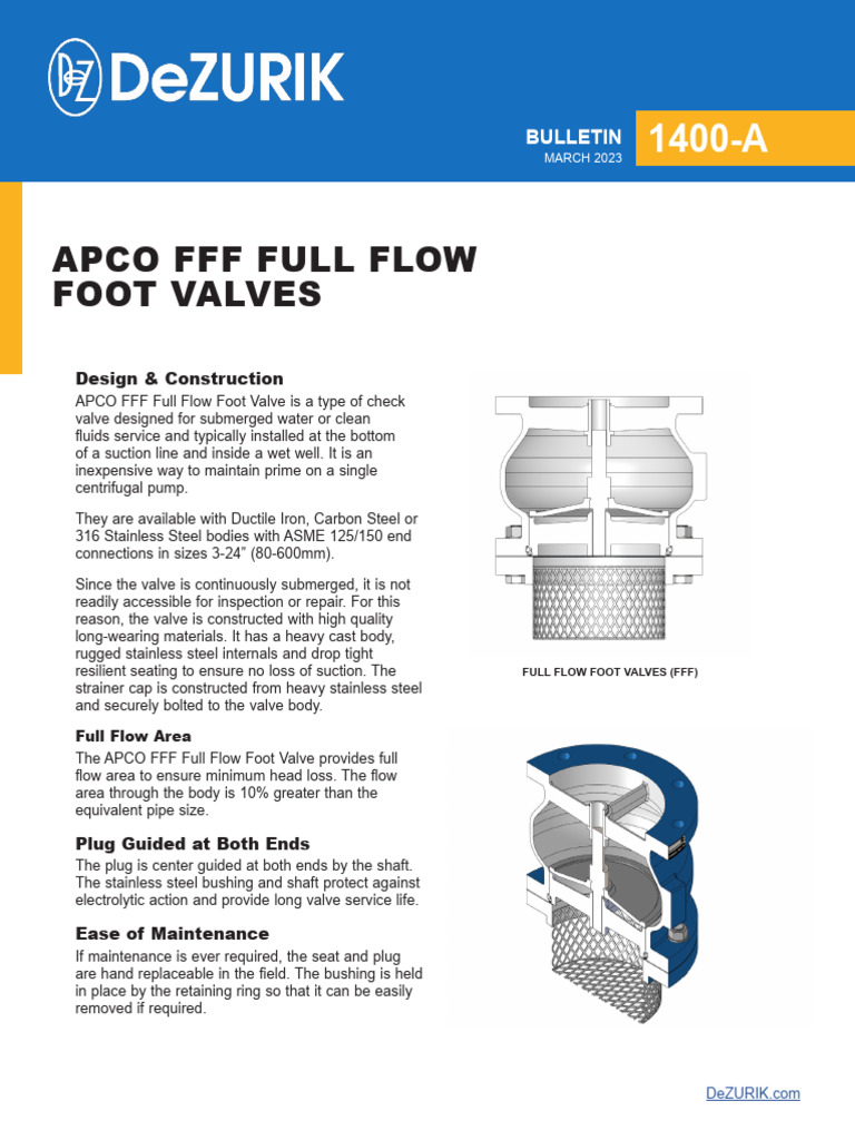 APCO FFF Full Flow Foot Valves Guide | PDF | Valve | Pump