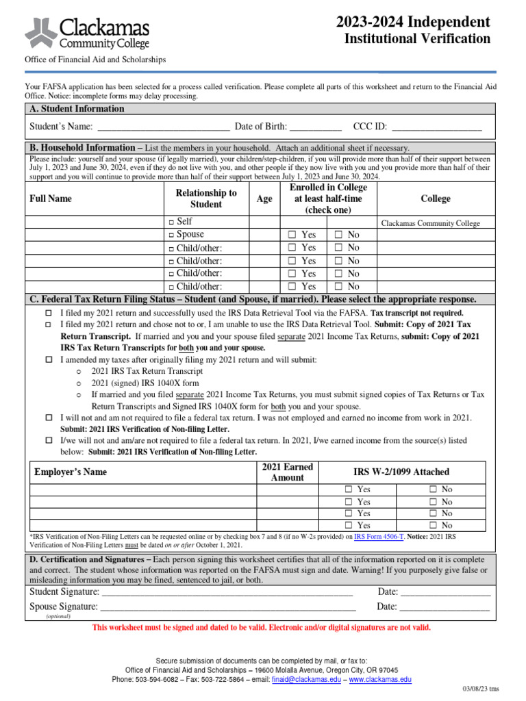 23 24 Institutional Verification Independent | PDF | Irs Tax Forms ...