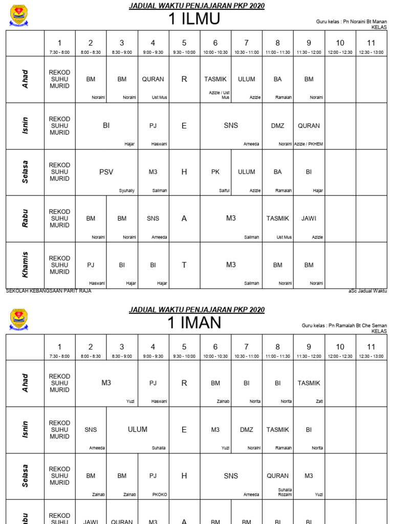 Jadual Waktu Penjajaran PKP 2020 (Kelas) | PDF