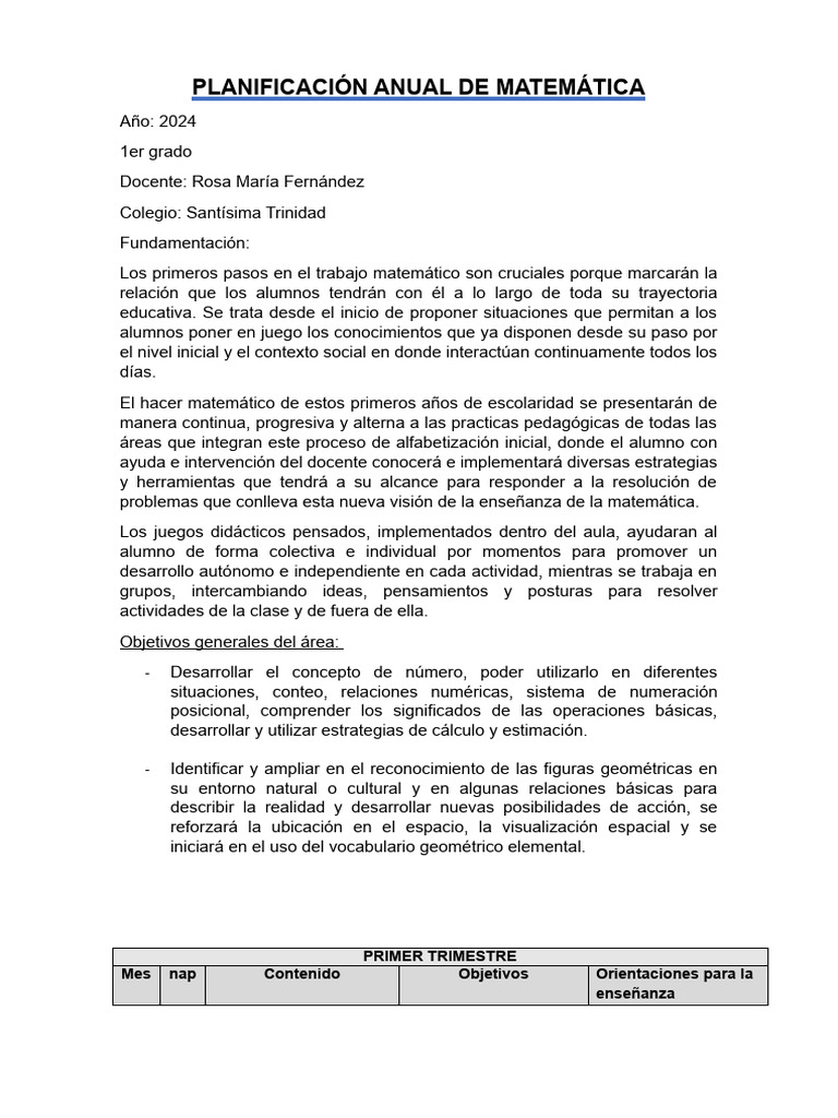 Planificación Anual De Matemática Pdf Números Geometría 1334